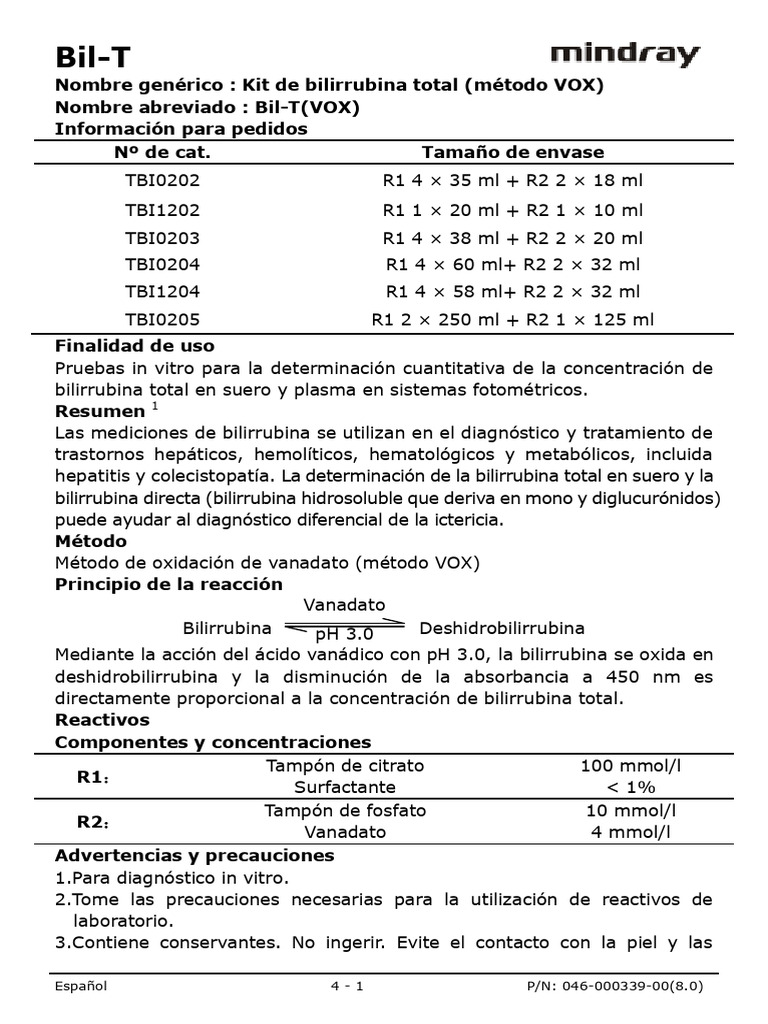 INSERTO-Bilirrubina-Total-Bil-TVOX-105-000826-00 | PDF | Química INSERTO-Bilirrubina-Total-Bil-TVOX-105-000826-00 | PDF | Química