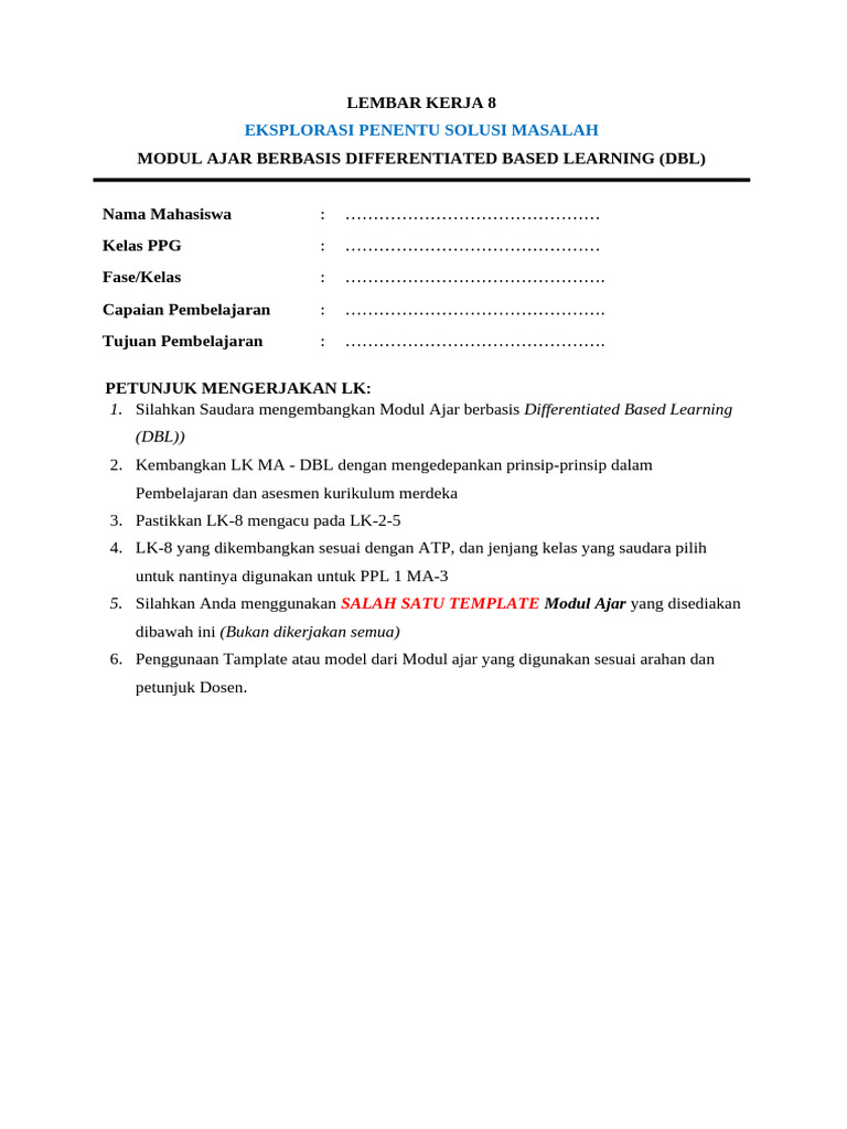 LK 8 Modul Ajar Bebasis Differentiated Based Learning (DBL) | PDF