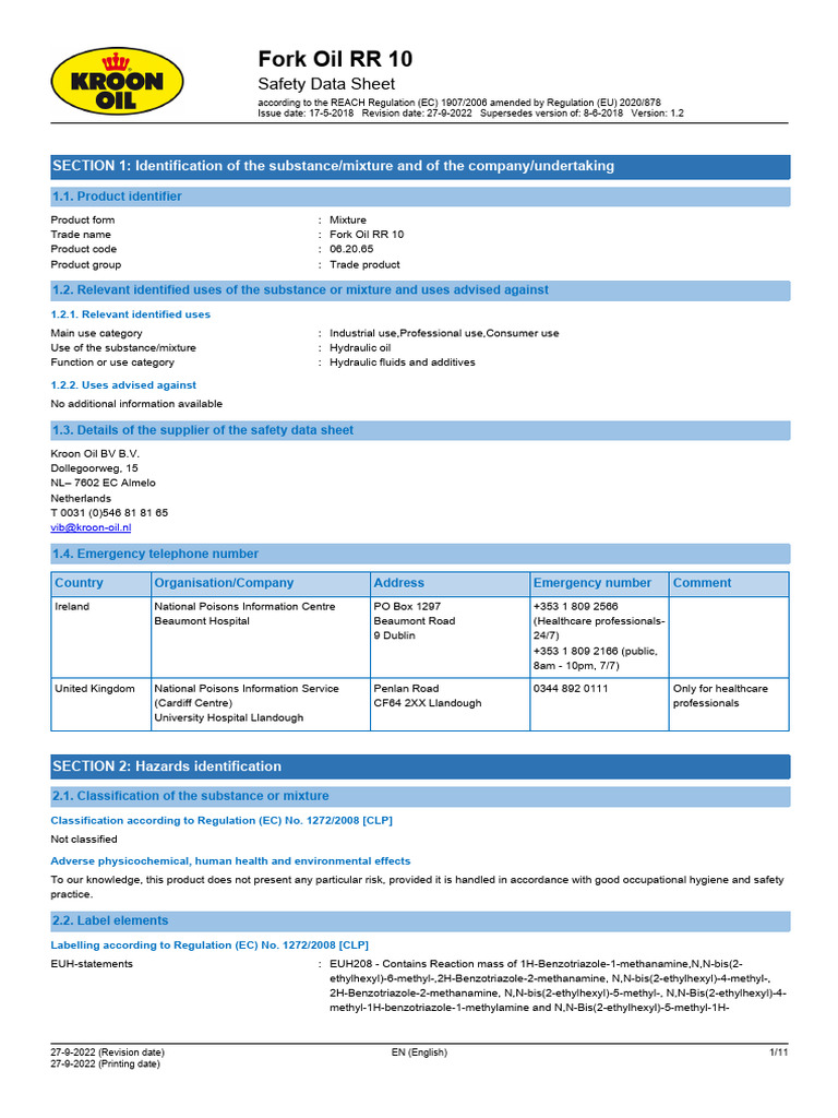 SDS-062065-fork-oil-rr-10-EN | PDF | Toxicity | Dangerous Goods