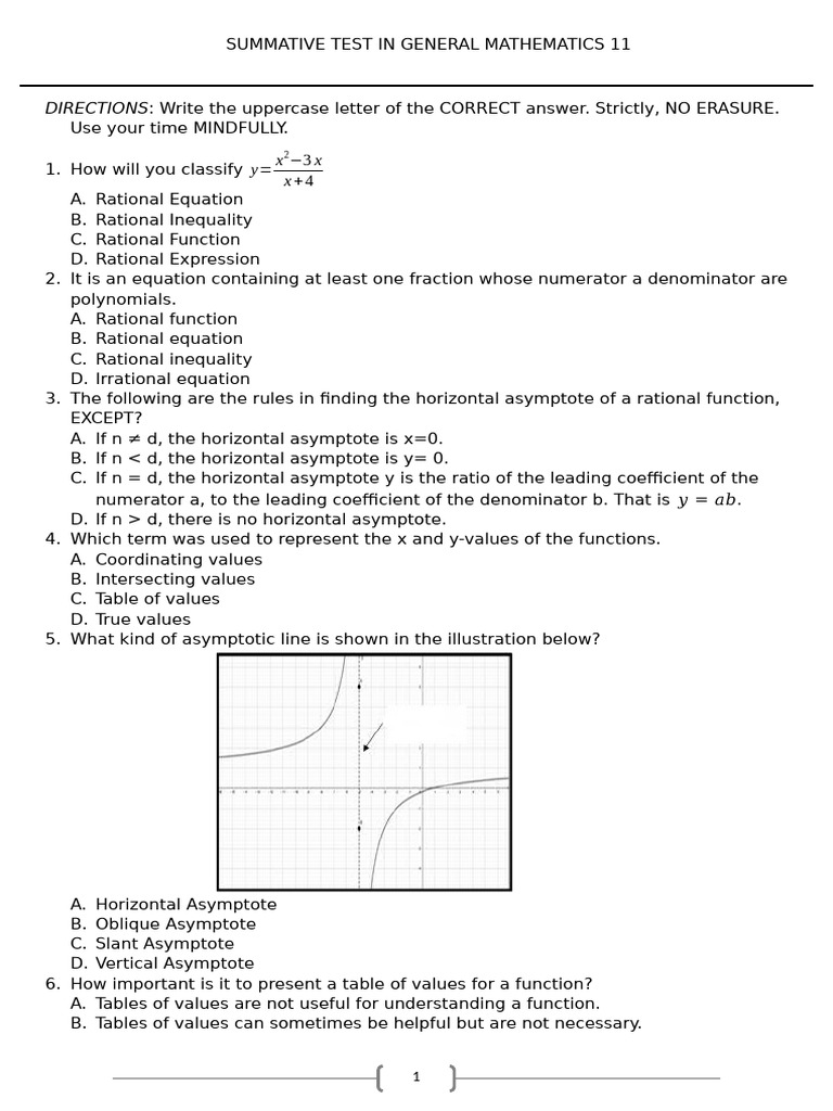 SUMMATIVE - Genmath11 TQ (Draft) | PDF | Asymptote | Function (Mathematics)