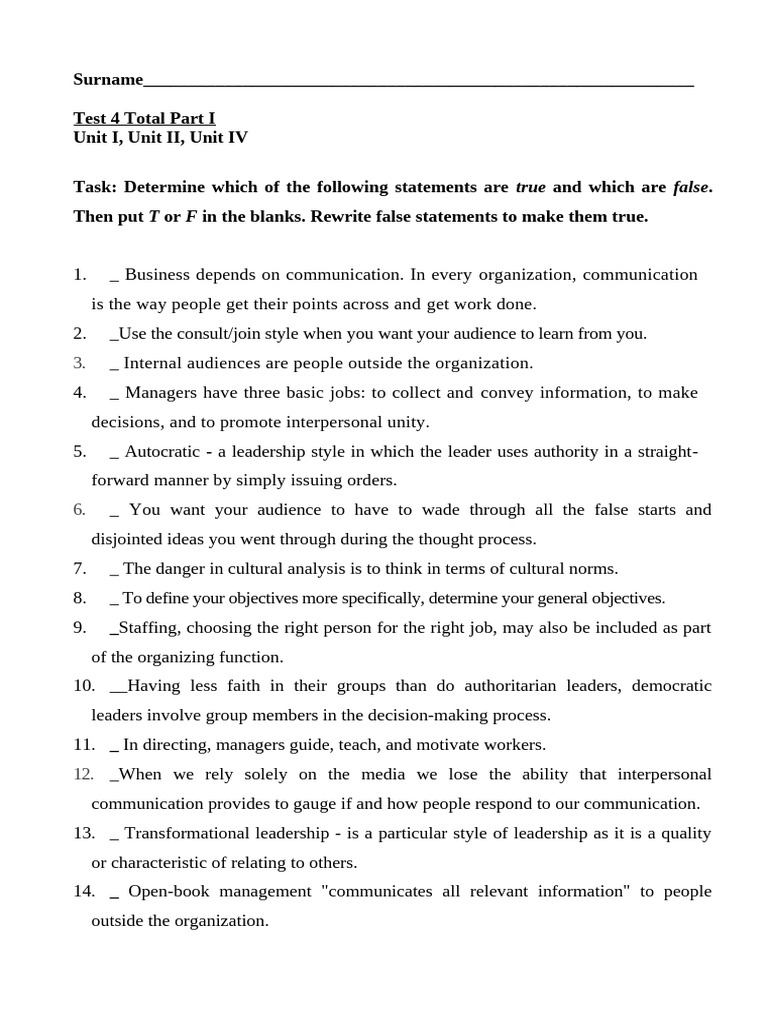 Test 4 Total Part I UI UII UIV | PDF | Leadership | Communication
