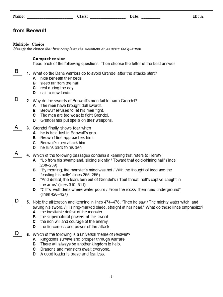 Beowulf Test for Literature Students | PDF | Beowulf