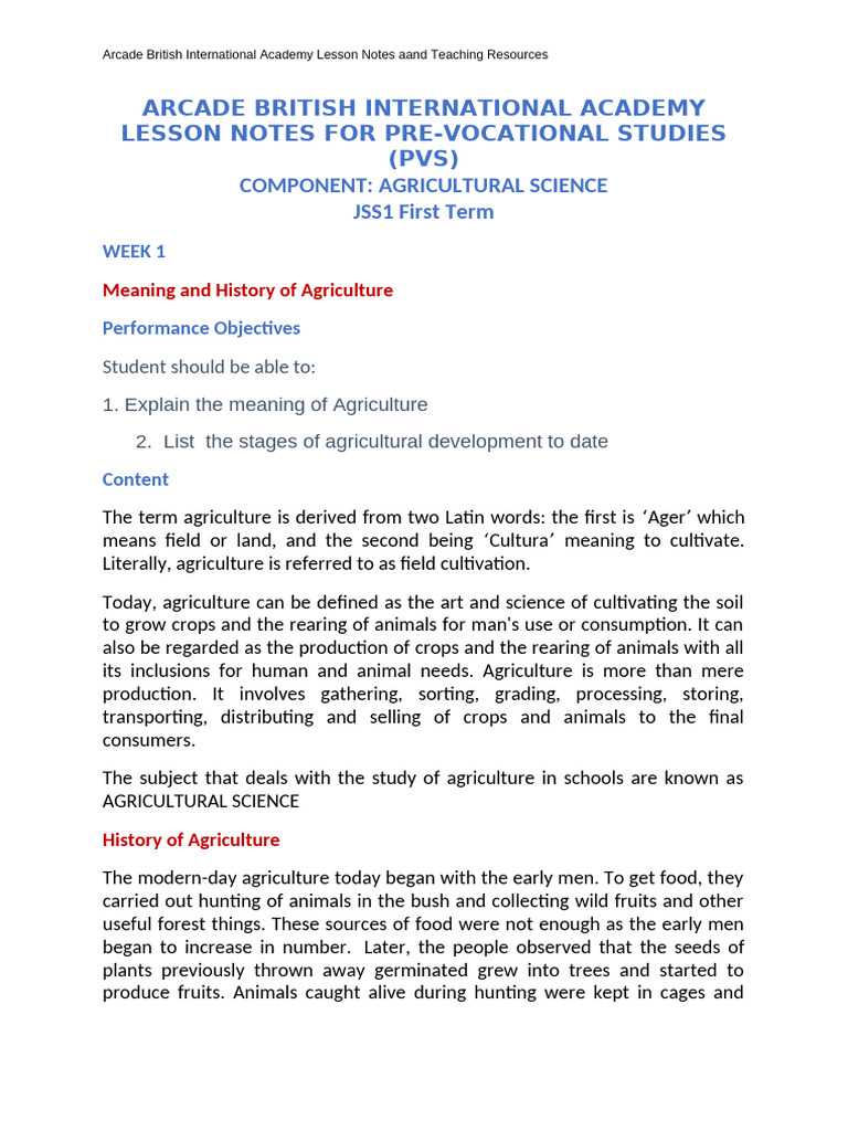 Lesson Notes-Agricultural Science JSS1 First Term | PDF | Crops ...