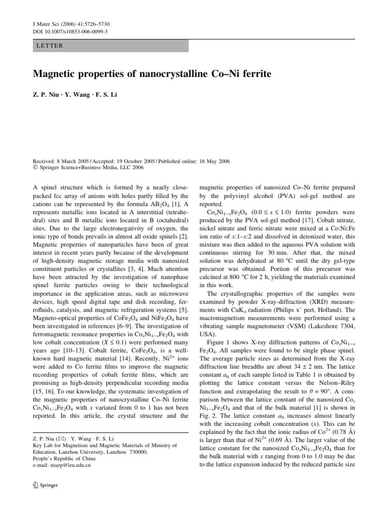 Magnetic Properties of Nanocrystalline Co-Ni Ferrite: Z. P. Niu Y. Wang F. S. Li | PDF | X Ray ...