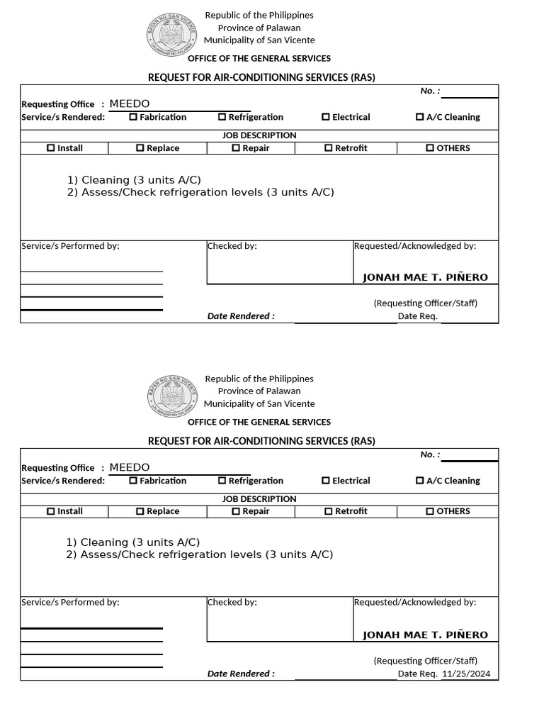 RAS Form_Aircon Services | PDF | Heat Transfer | Engineering Thermodynamics
