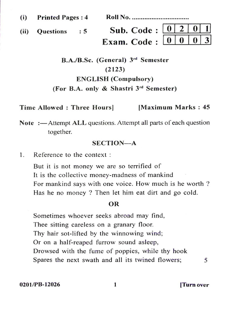 BA BSc_General_3rd Sem_English Compulsory_For BA and Shastri_December 2023 | PDF
