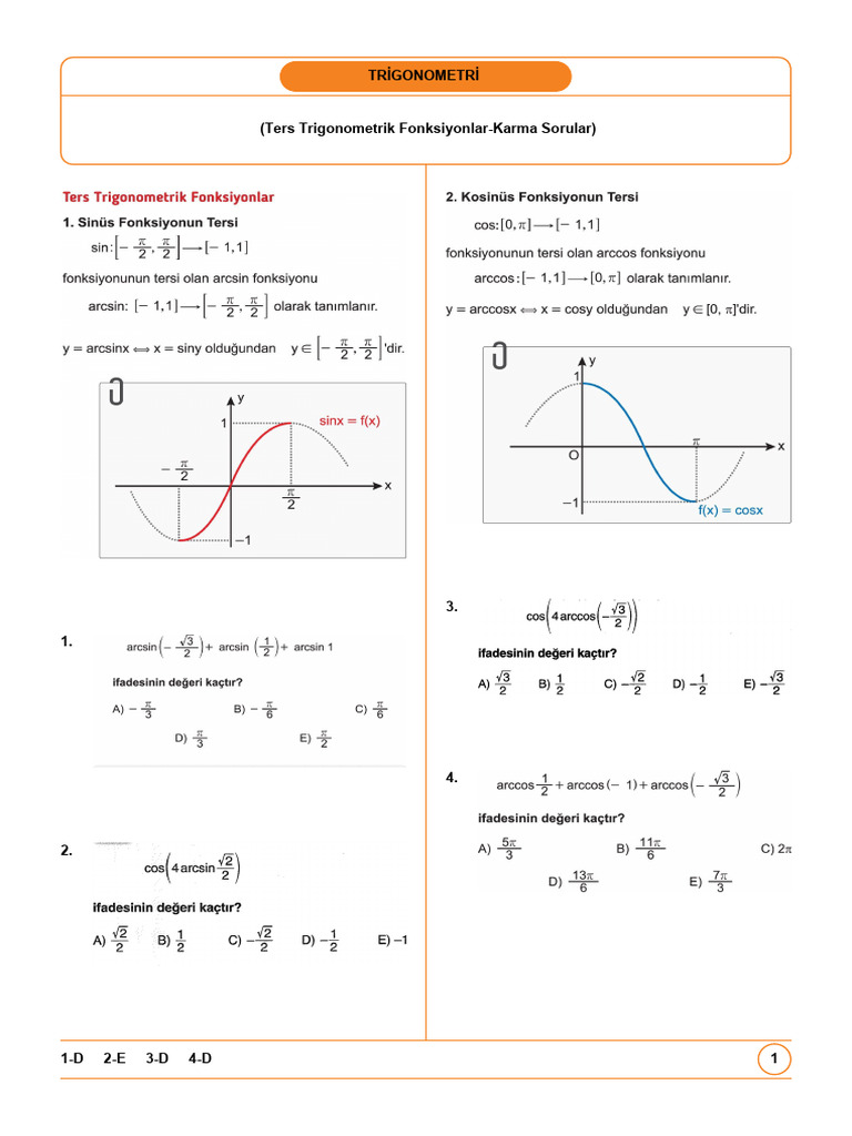 TRİGONOMETRİ 4 - (Ters Trigonometrik Fonksiyonlar-Karma Sorular) | PDF