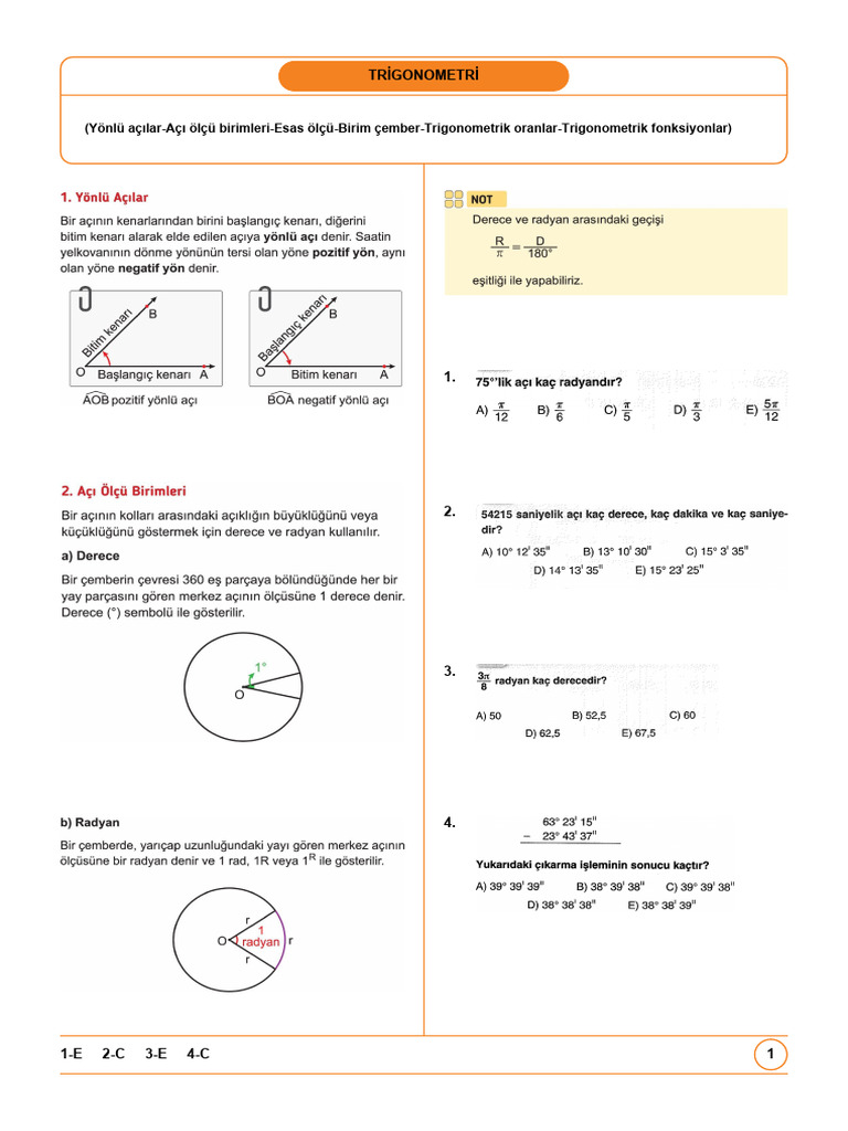TRİGONOMETRİ 1 - (Yönlü Açılar-Açı Ölçü Birimleri-Esas Ölçü-Birim ...