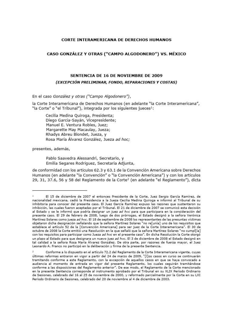 Sentencia CIDH Campo Algodonero | PDF | Convenio europeo de derechos humanos | Etica social