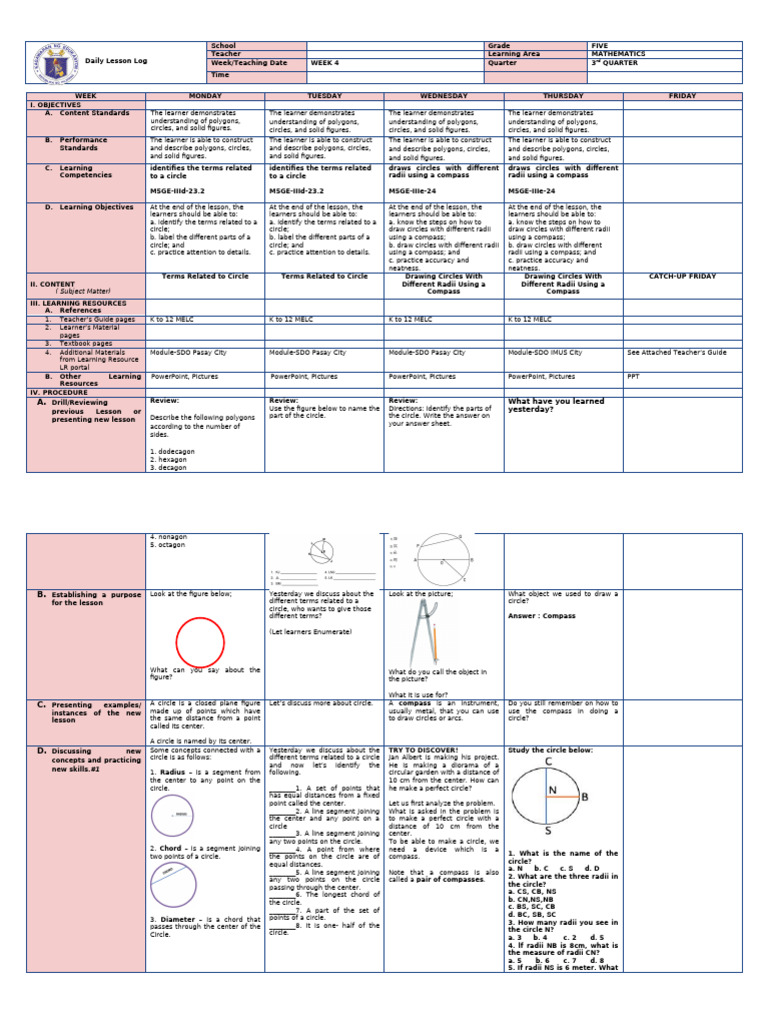 DLL WEEK 4-Q3 MATH | PDF | Circle | Classical Geometry