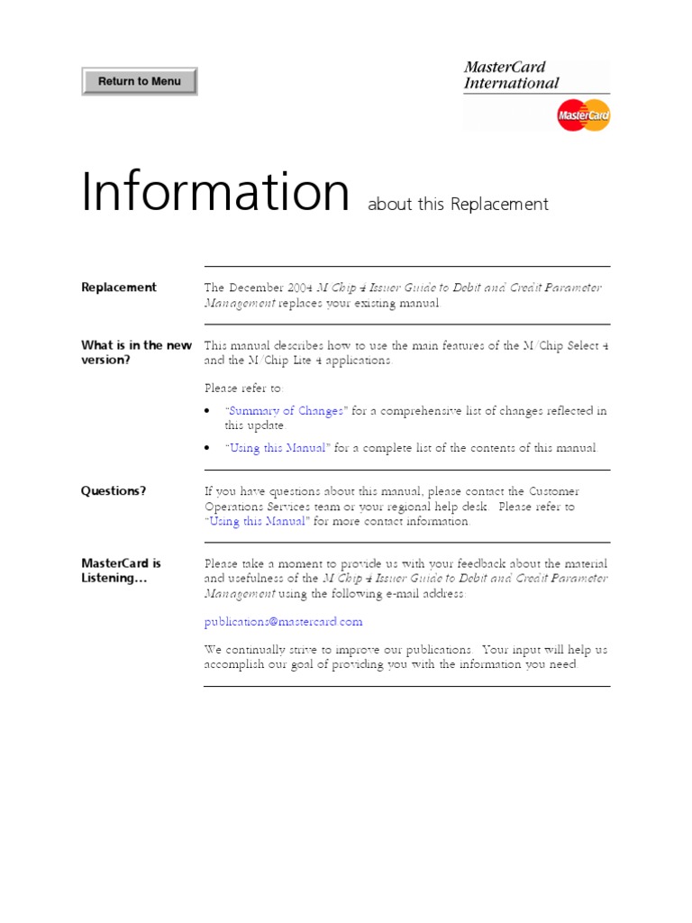 MChip 4 Issuer Guide To Debit and Credit Parameter Management, Dec2004 | PDF | Emv | Smart Card