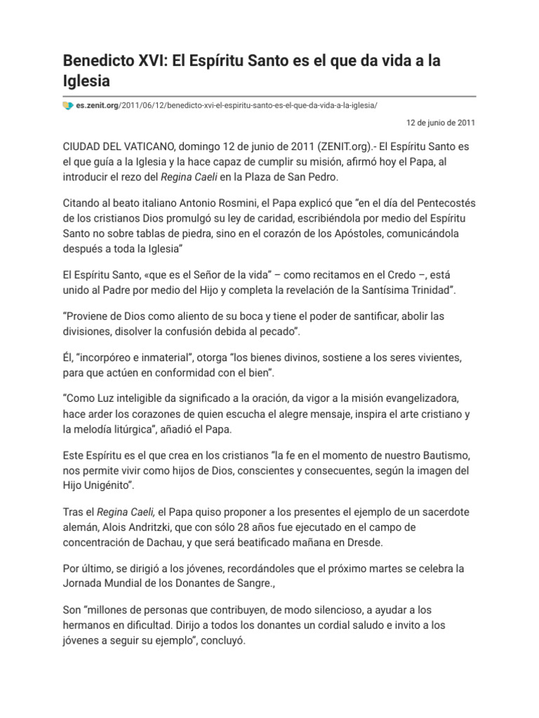 Benedicto XVI - El Espíritu Santo Es El Que Da Vida A La Iglesia | PDF