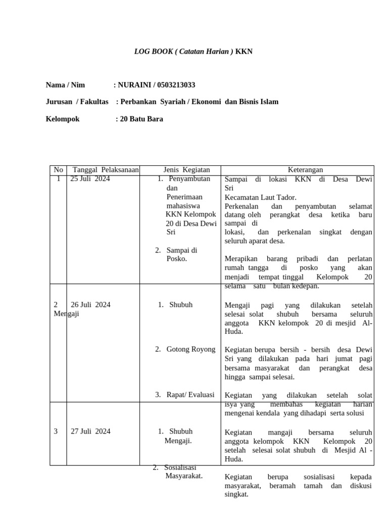 Log Book Nuraini KKN Kel 20 2 | PDF