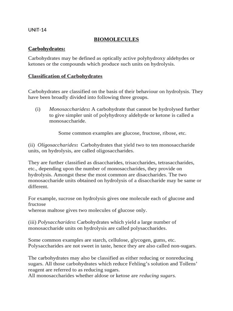 UNIT 15 Biomolecules Notes | PDF | Carbohydrates | Nucleic Acids