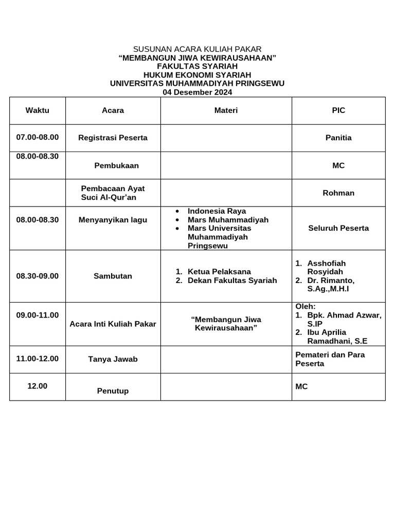 Susunan Acara Kuliah Pakar | PDF
