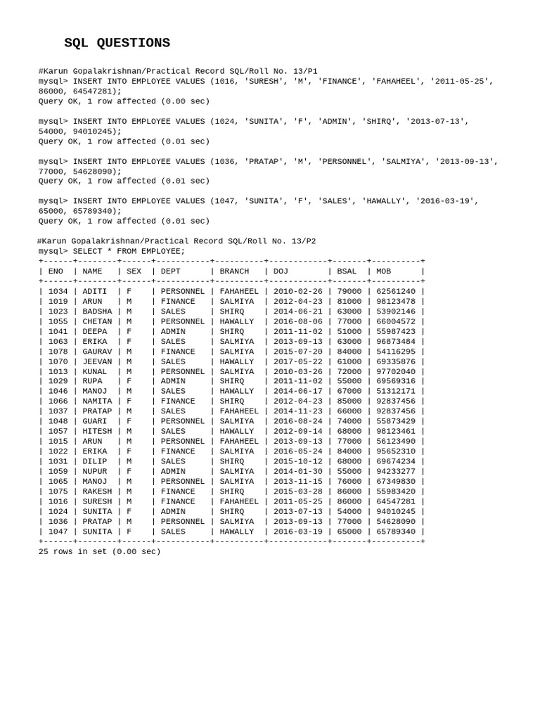 Computer SQL Practical Record File 2025 | PDF | Databases | Sql Computer SQL Practical Record File 2025 | PDF | Databases | Sql