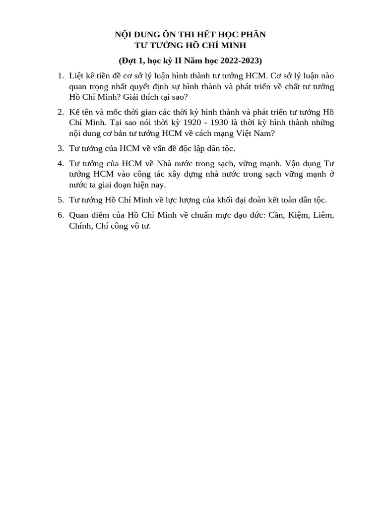 Hkii 2022 2023 ND Ôn Thi Hết Học Phần TT HCM Đợt 1 | PDF