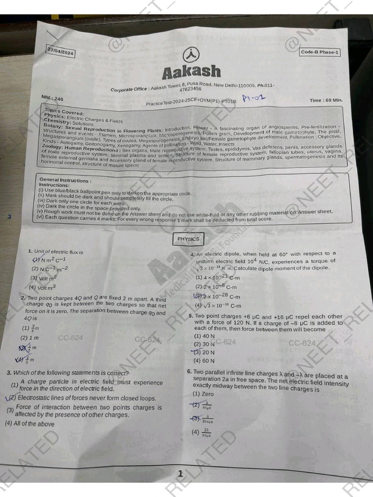 ? PT 01 QUESTION PAPER? PHASE 01? CODE B? Class 12th OYMHigh | PDF