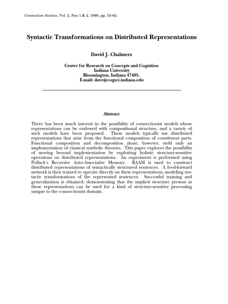 Syntactic Transformations On Distributed Representations: David J. Chalmers | PDF | Artificial ...