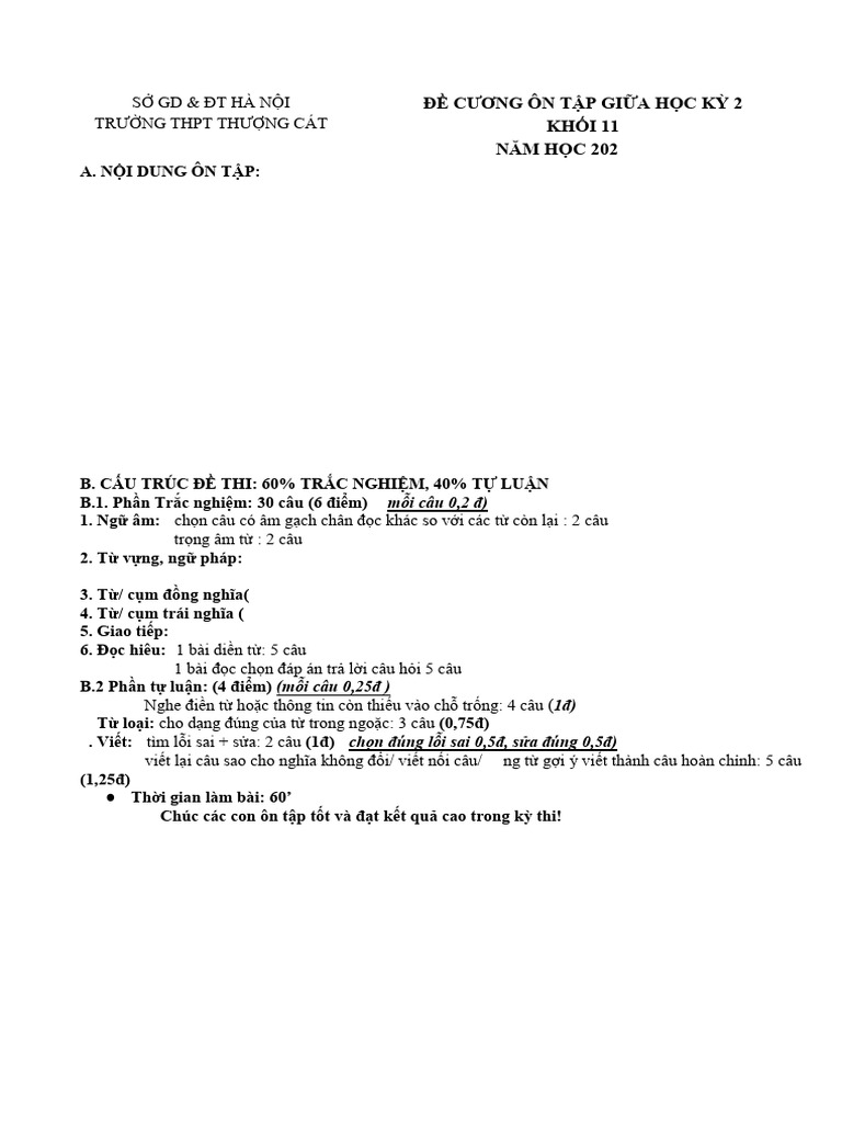 HS - ĐỀ CƯƠNG GK2 - ANH 11 -LAN A | PDF | Vocational Education | Knowledge