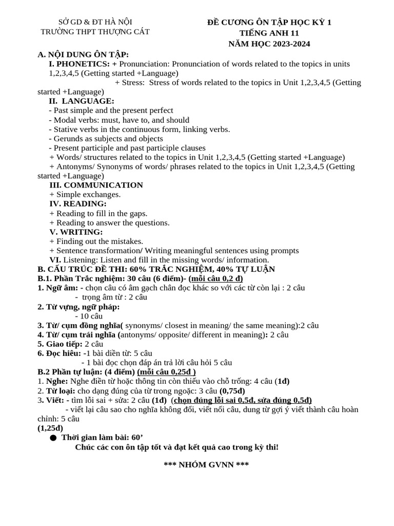 ĐỀ CƯƠNG HK1(23-24)-ANH 11- BẢN HS | PDF | Methane