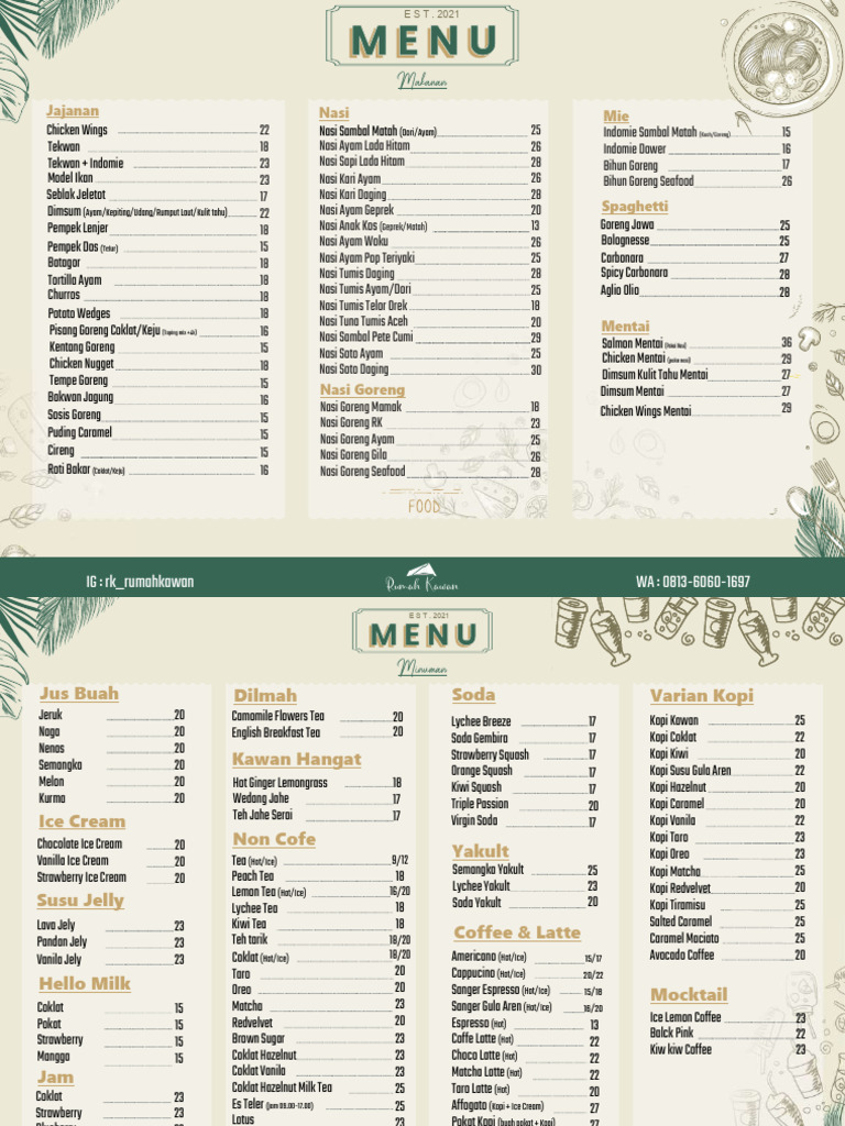 Menu Rumah Kawan 2023 | PDF | Drink | Foods