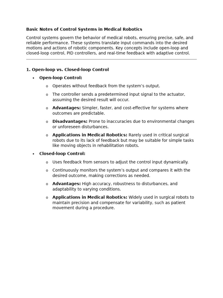 Basic Notes of Control Systems in Medical Robotics | PDF