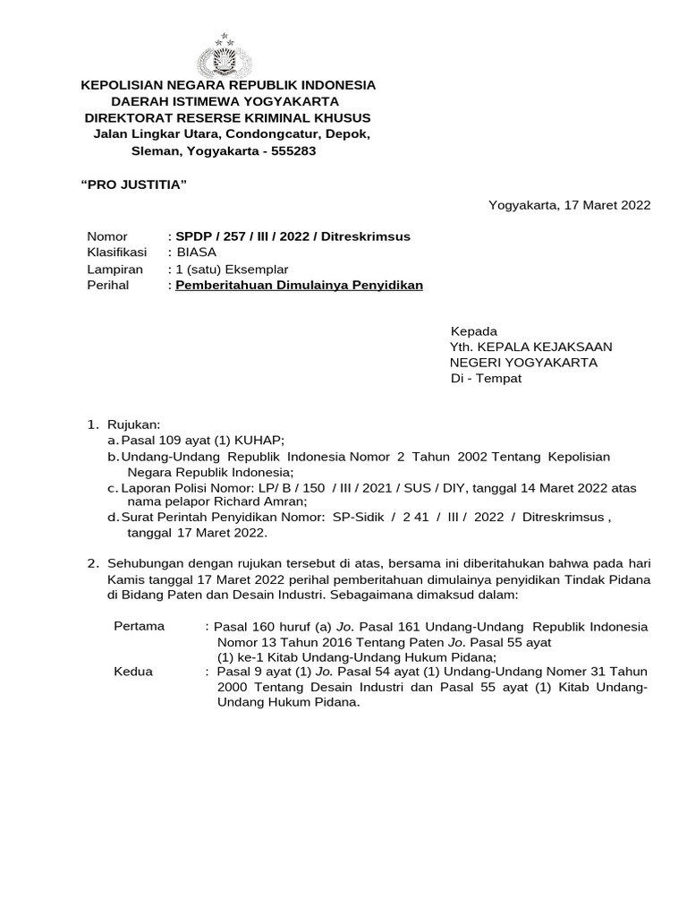 Surat Pemberitahuan Dimulainya Penyidikan | PDF