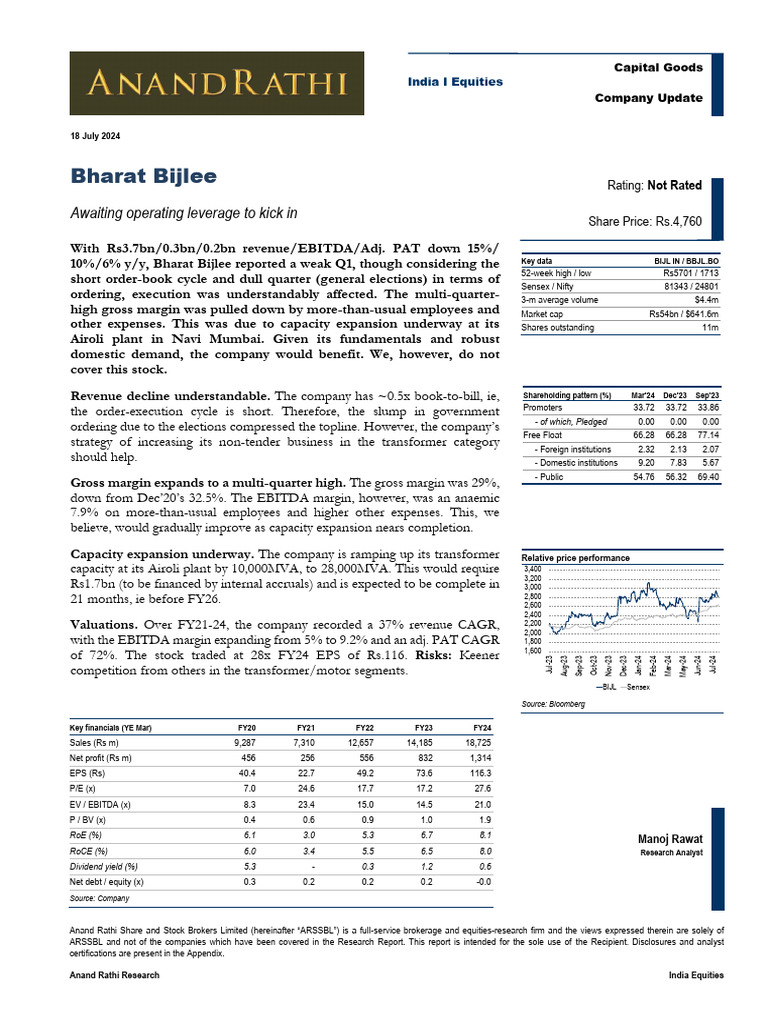 Anand Rathi Update On Bharat Bijlee Awaiting Operating Leverage | PDF | Cash Flow Statement ...