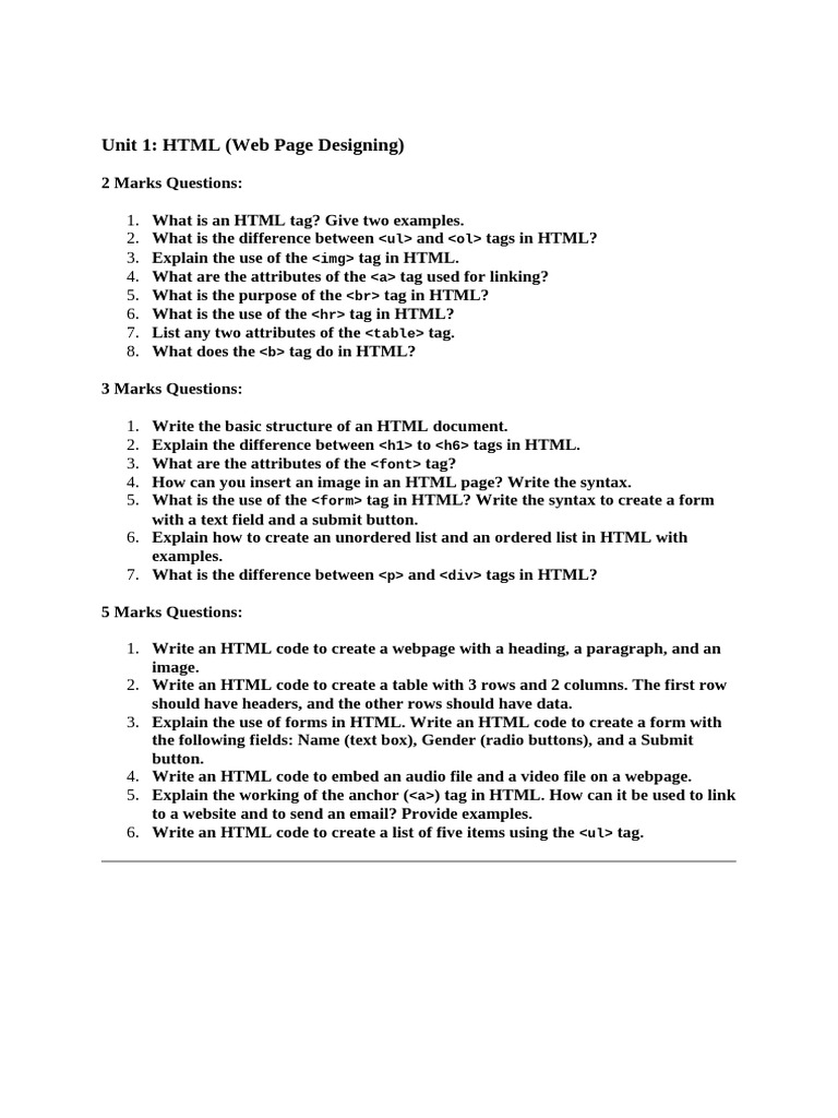 Important Question Answer | PDF | Html Element | Html