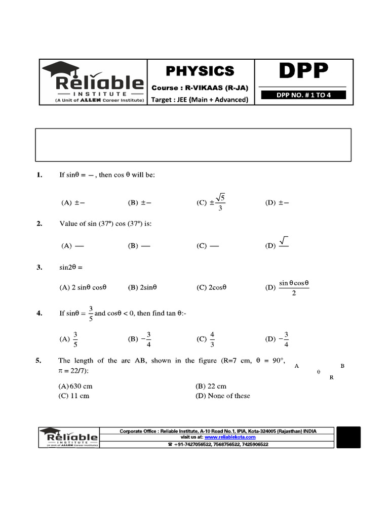 Physics DPPs-1 To 4 For JA | PDF
