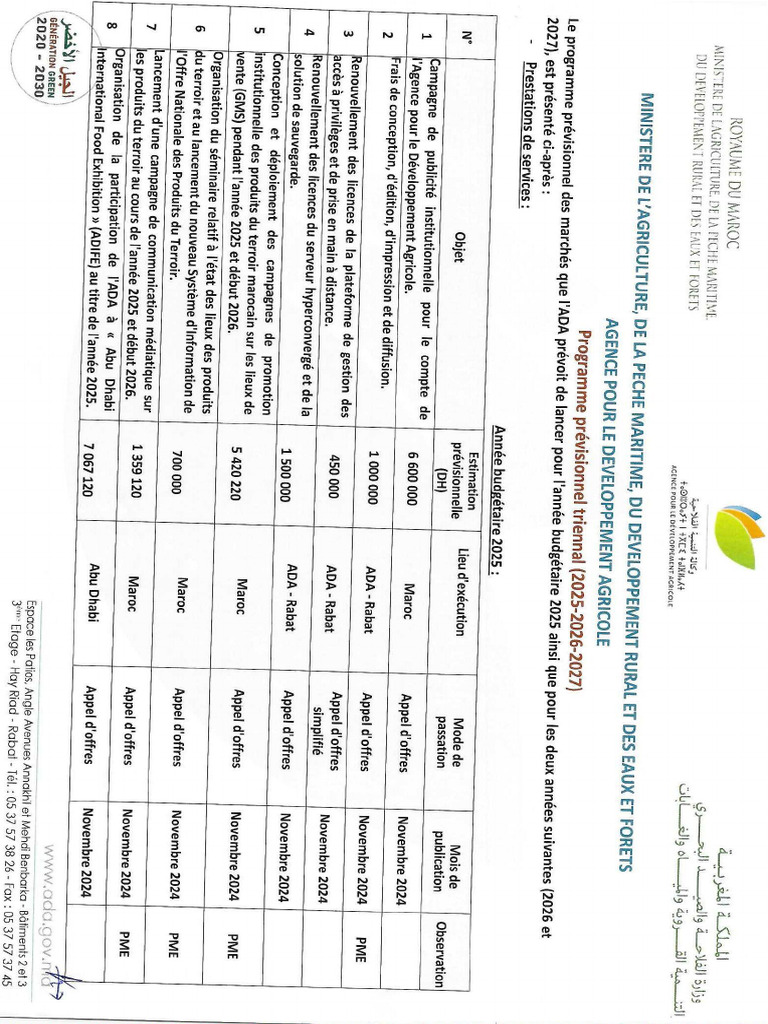 Programme Prévisionnel Triennale (2025-2027) (ADA) | PDF