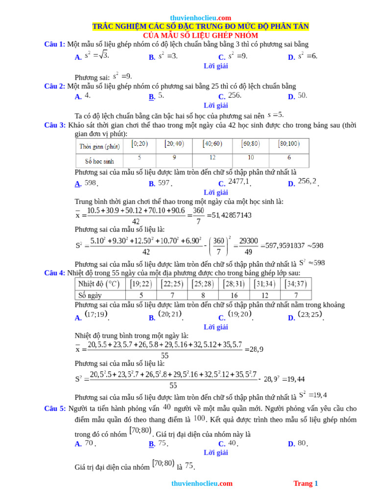 70 Bai Tap Trac Nghiem Cac So Dac Trung Do Muc Do Phan Tan Mau So Lieu Ghep Nhom | PDF