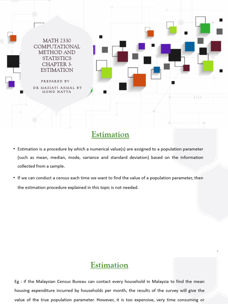 Chapter 3-Estimation | PDF | Estimator | Sample Size Determination