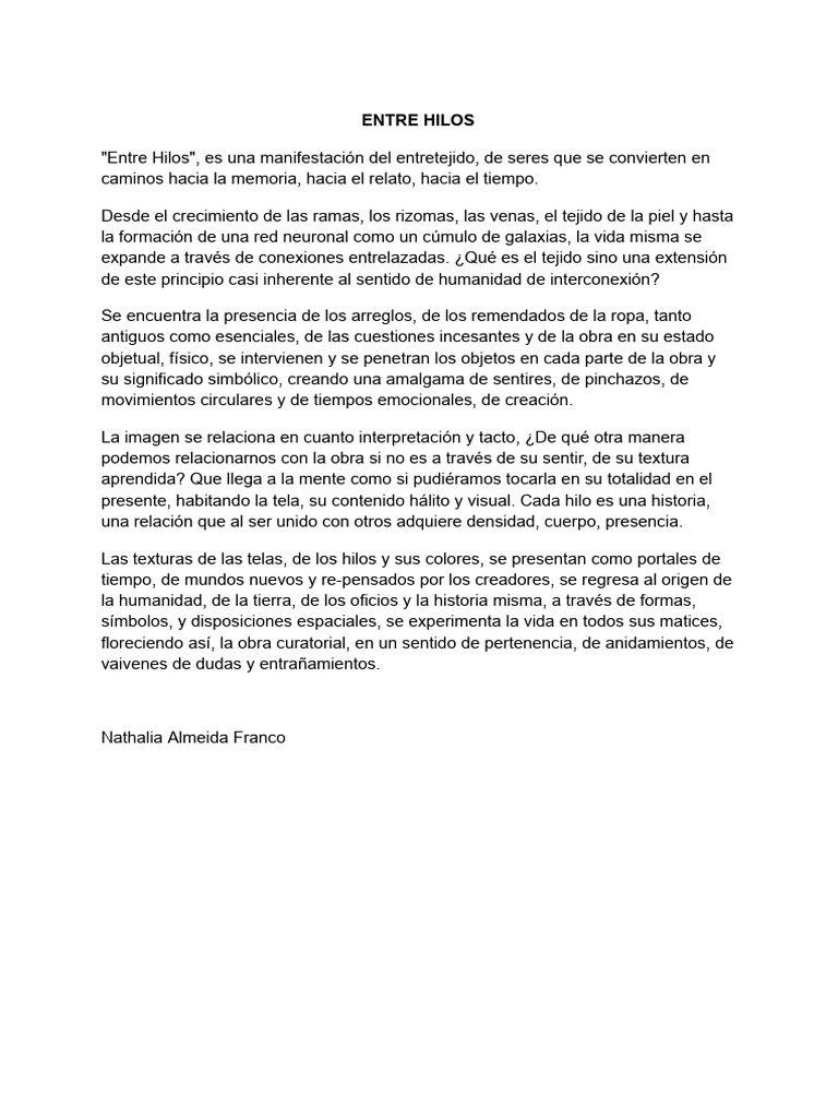 Entre Hilos, Texto Curatorial, Nathalia Almeida Franco | PDF