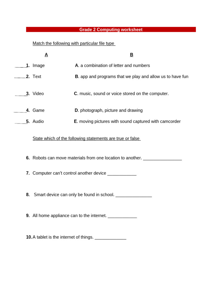 Grade 2 Computing Worksheet | PDF