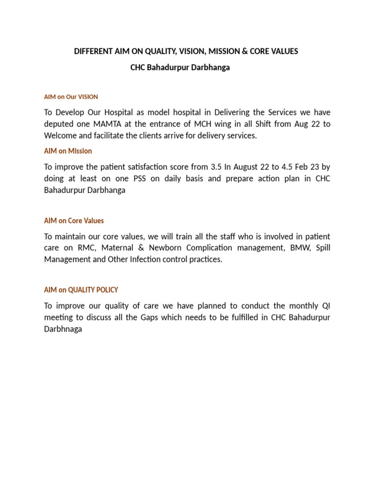 Quality Improvement Goals for CHC Bahadurpur | PDF