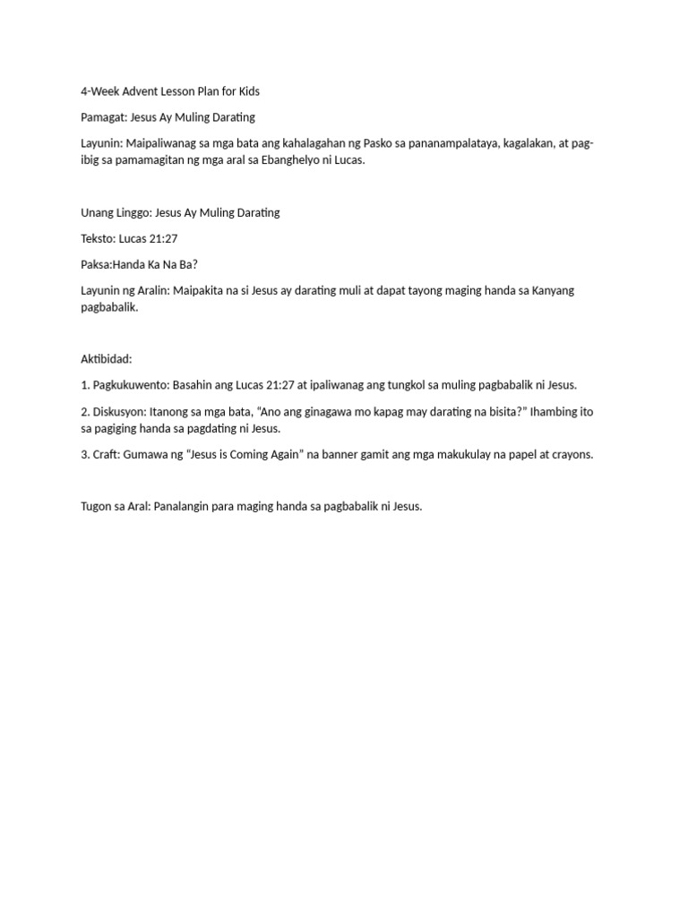 Advent Sunday School For Kids | PDF