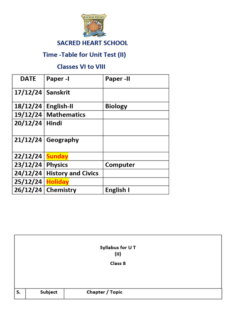 Class 8 Unit Test II Time Table and Syllabus | PDF | Linguistics