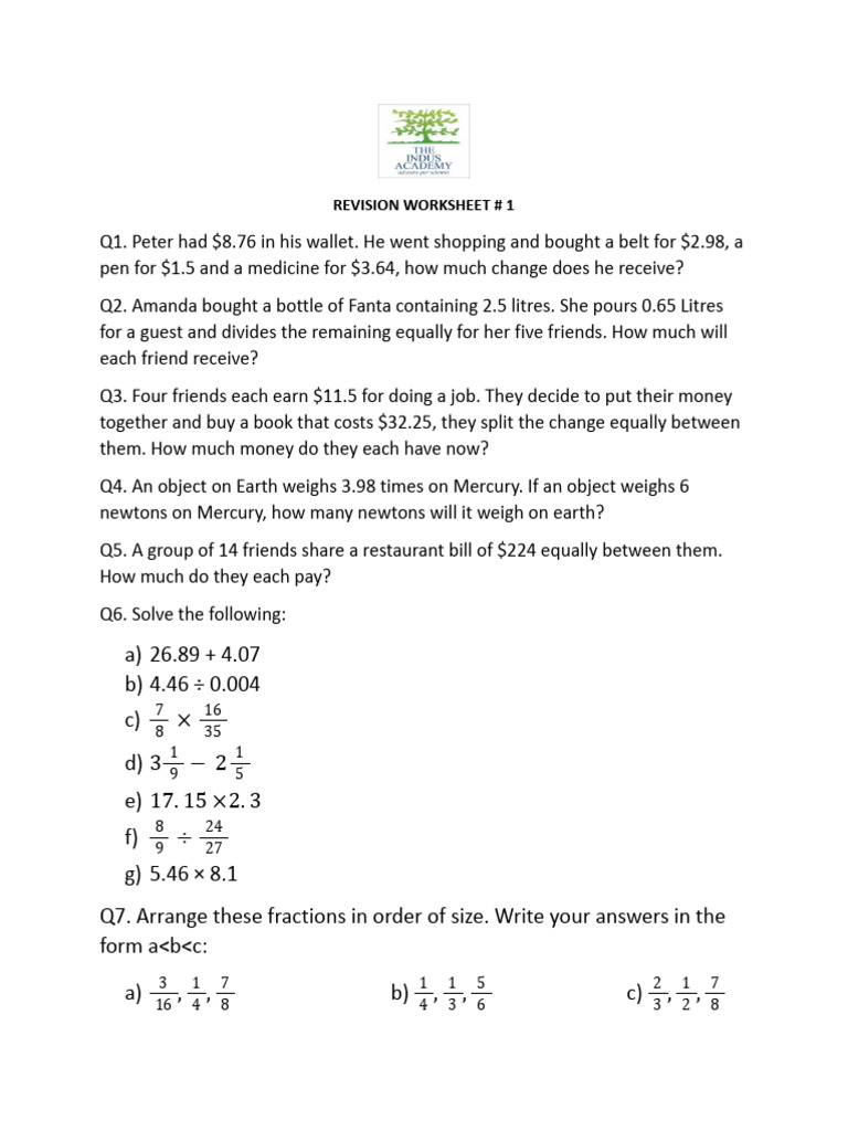Revision Worksheet for Math Problems | PDF