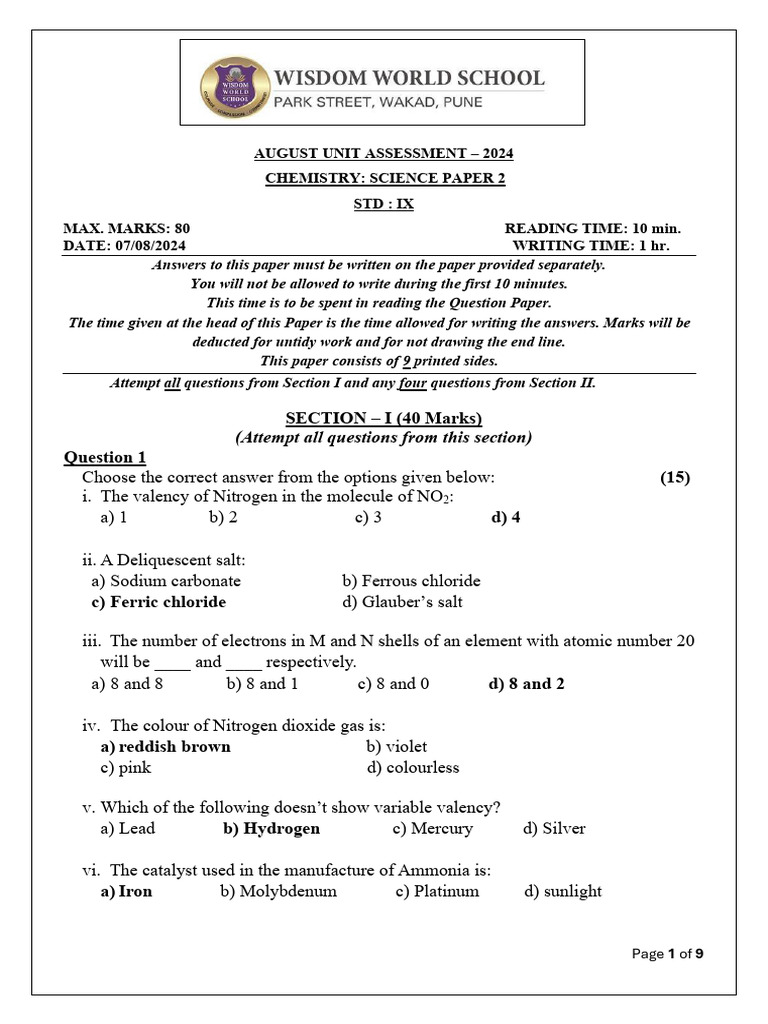 Class 9 chemistry paper wws icse | PDF | Calcium | Chlorine