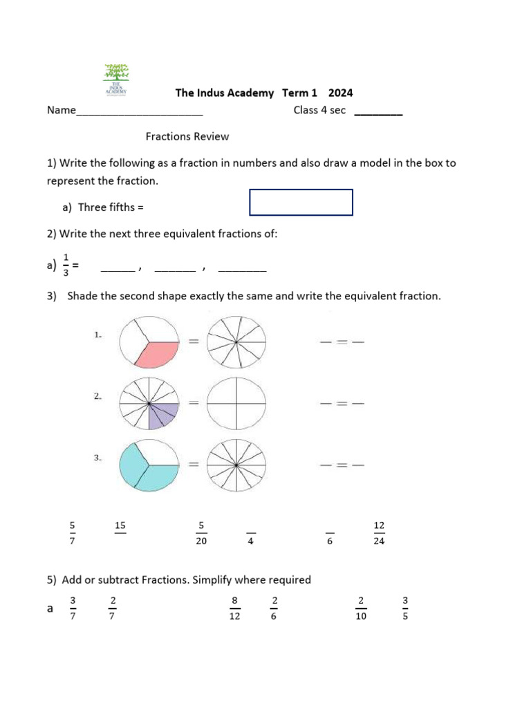 Fractions Review Term 1 2024 | PDF