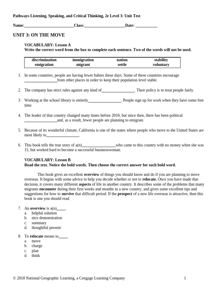PATHWAYS L&S UNIT 3 | PDF | Vocabulary | Thought