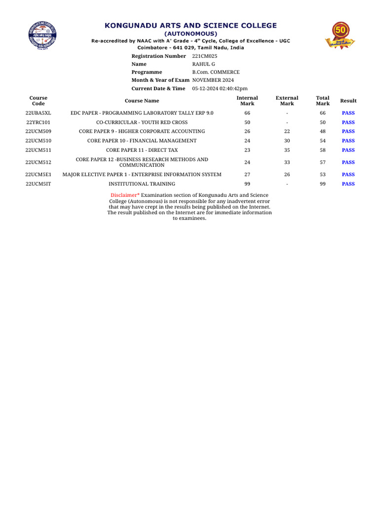 5th Sem Result | PDF