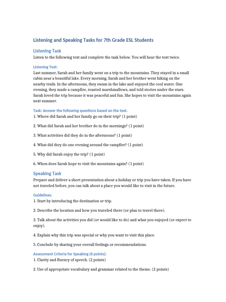 7th Grade ESL Listening & Speaking Tasks | PDF