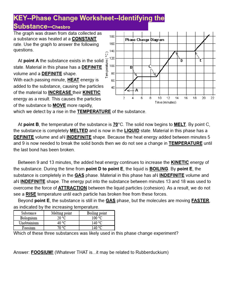 KEY Phase Change Worksheet - Identify The Substance | PDF
