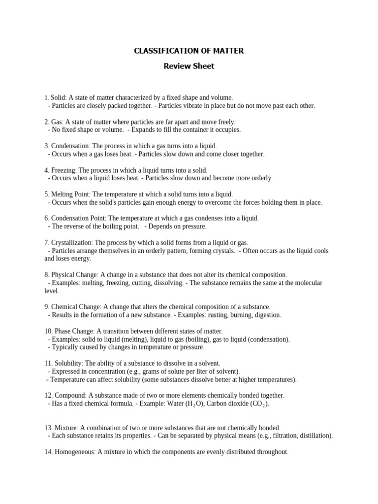 Class of Matter Review Sheet | PDF | Chemical Substances | Gases