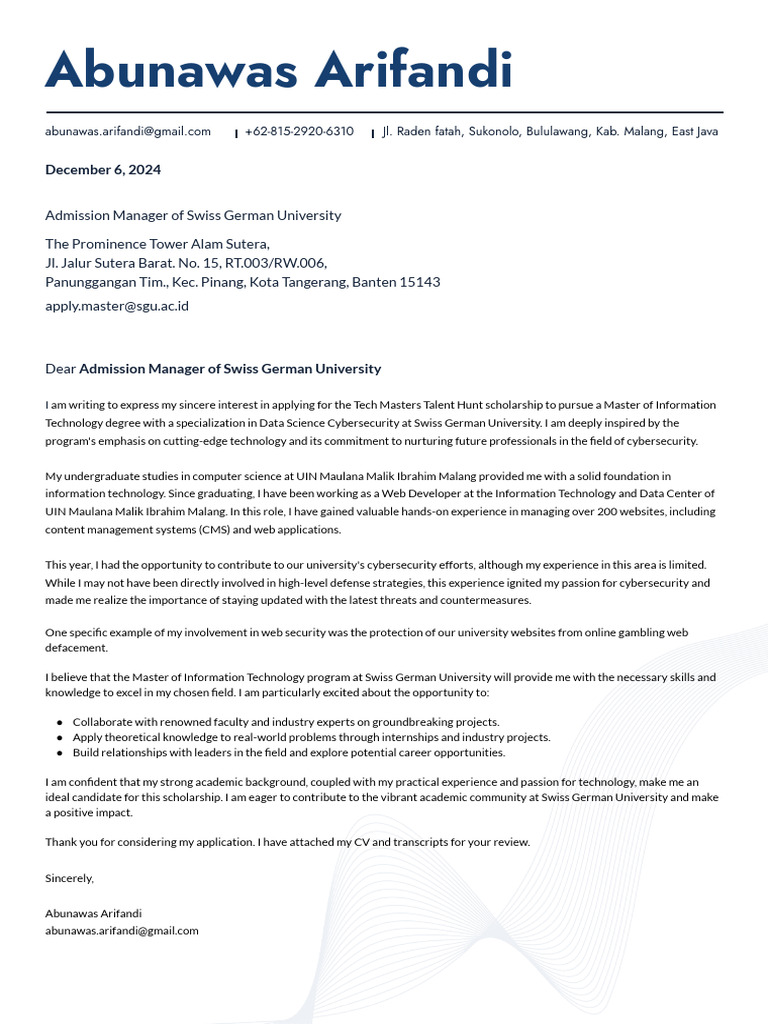 Motivaton Letter - Abunawas A | PDF | Science | Computing