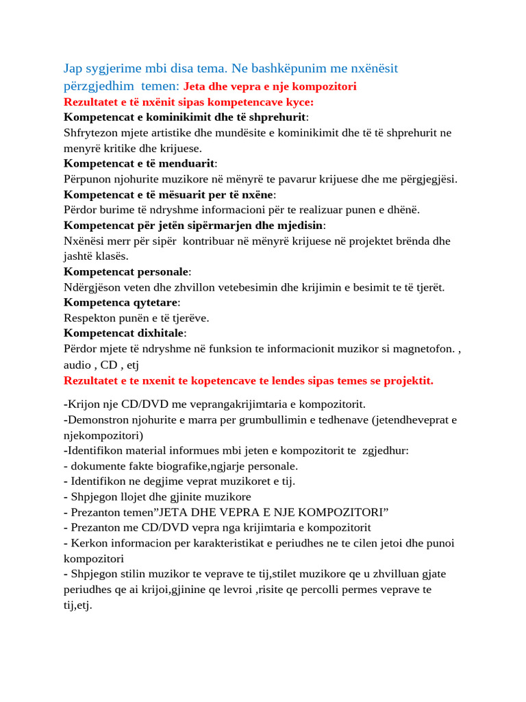 PR - KL.9 Jeta Dhe Vepra e Nje Kompozitori | PDF