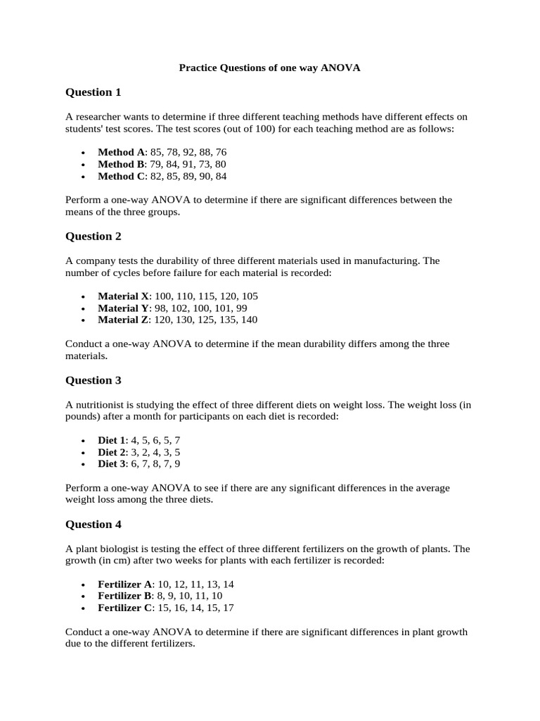 Practice Questions of One Way ANOVA | PDF